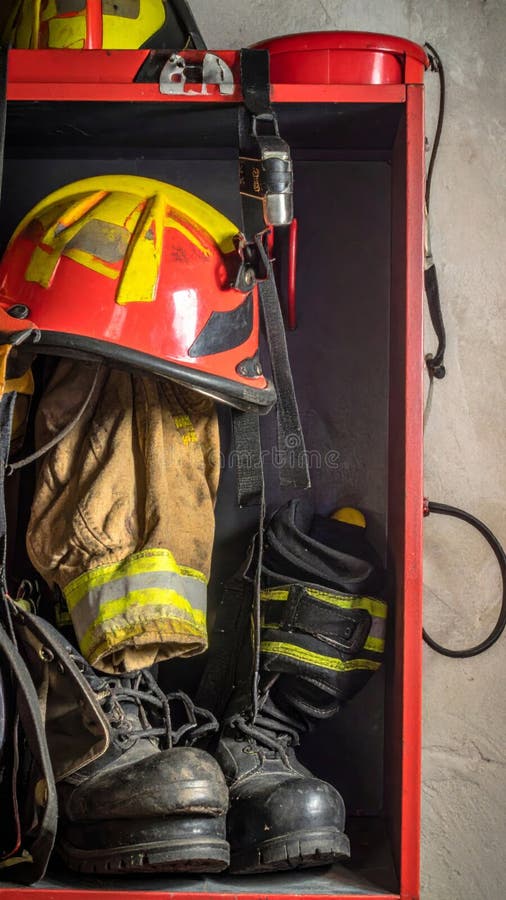 Firefighter Gear in Red Cabinet Stock Illustration - Illustration of ...