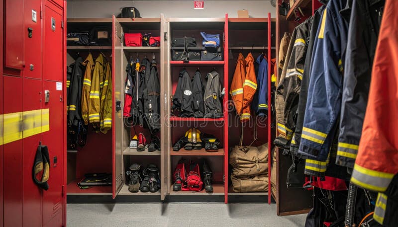 Firefighter Gear Stored in Red Lockers Stock Illustration ...