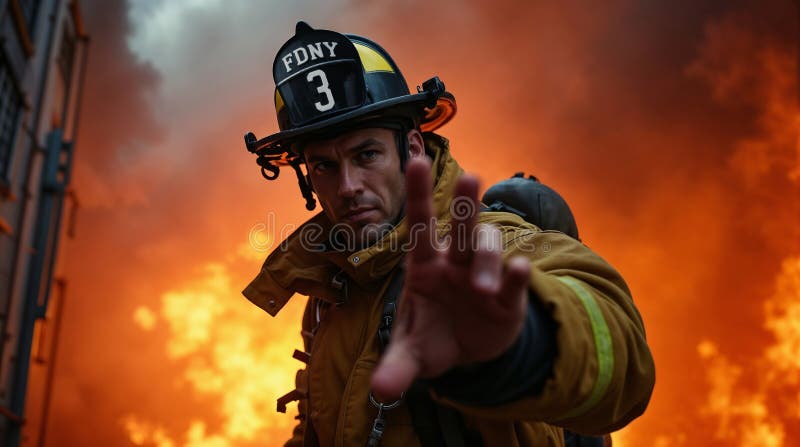 Firefighter Gesturing in Front of Intense Flames Stock Illustration ...
