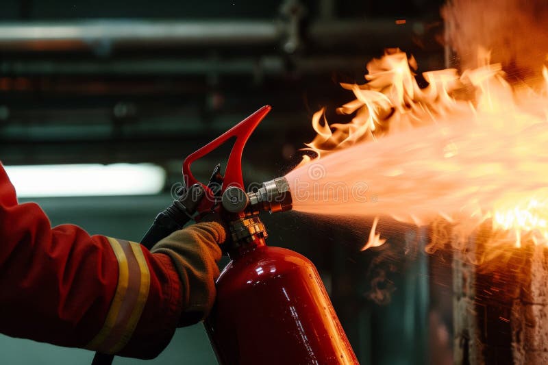 Firefighter Hand Operating Extinguisher on Fire Flames Stock ...