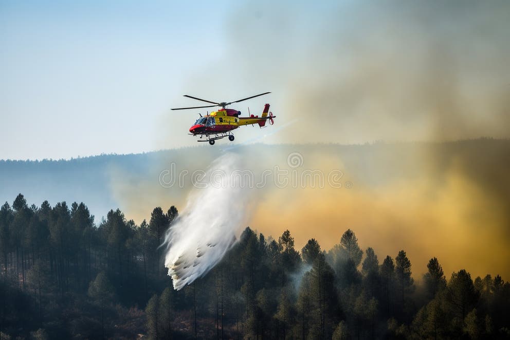 Firefighter Helicopter Dropping Water in a Forest Fire.. Generative AI ...