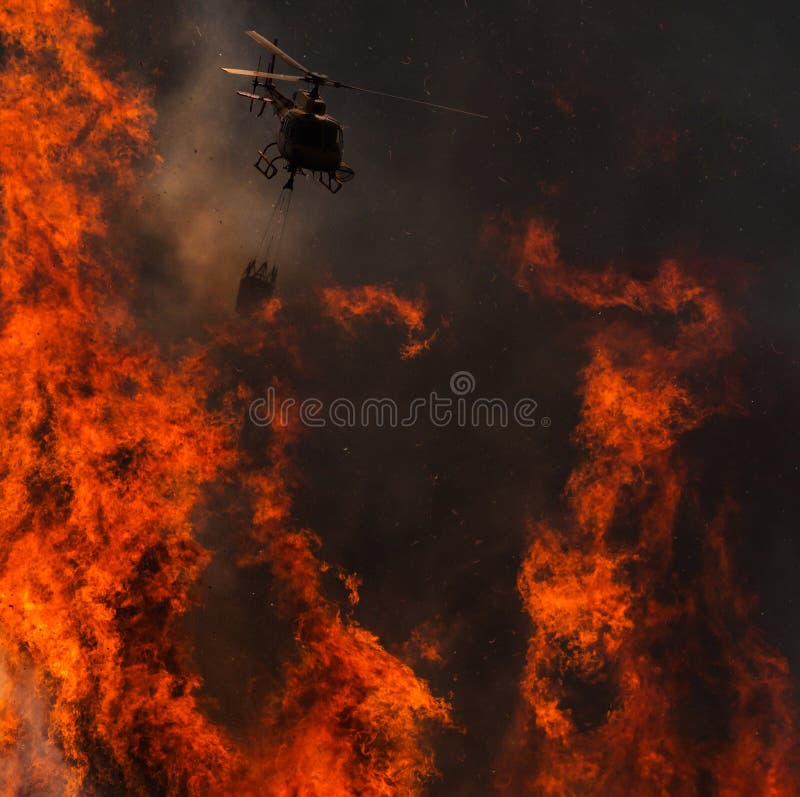 Firefighter Helicopter Fighting Hell in a Forest Fire. Stock Image ...