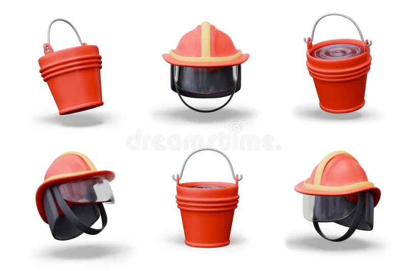 Firefighter Helmet with Face Shield, Red Bucket with Water. Set of ...