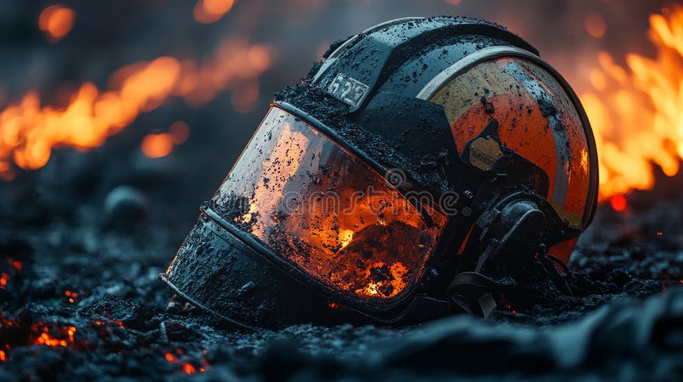 Firefighter Helmet in a Fiery Landscape. Stock Photo - Image of smoke ...
