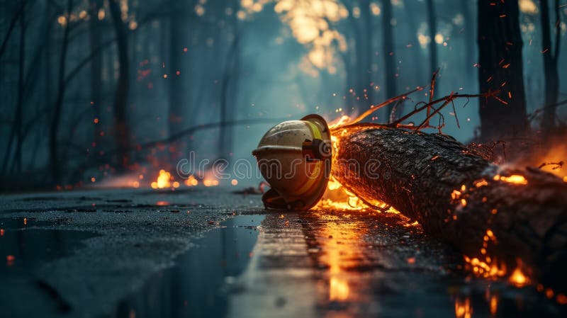 Firefighter Helmet on Road during Forest Fire Stock Photo - Image of ...
