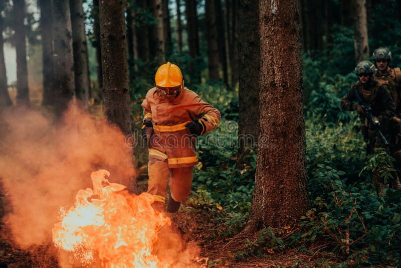 Firefighter Hero in Action Danger Jumping Over Fire Flame To Rescue and ...