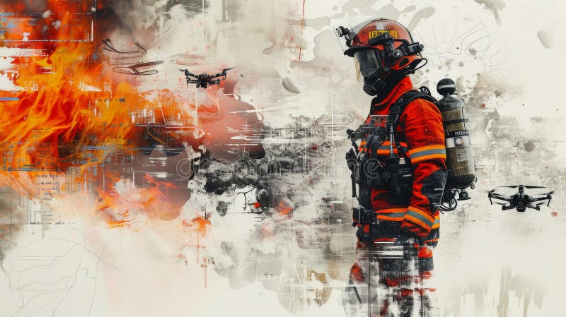 Firefighter in High-tech Gear Surrounded by Drones and Smoke Stock ...