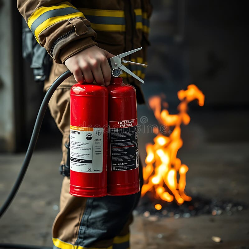 A Firefighter Holding a Fire Extinguisher while Standing in Front of a ...