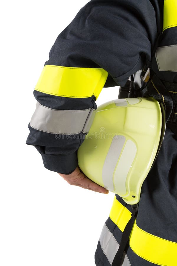 Firefighter Holding Helmet Isolated on White Stock Photo - Image of ...