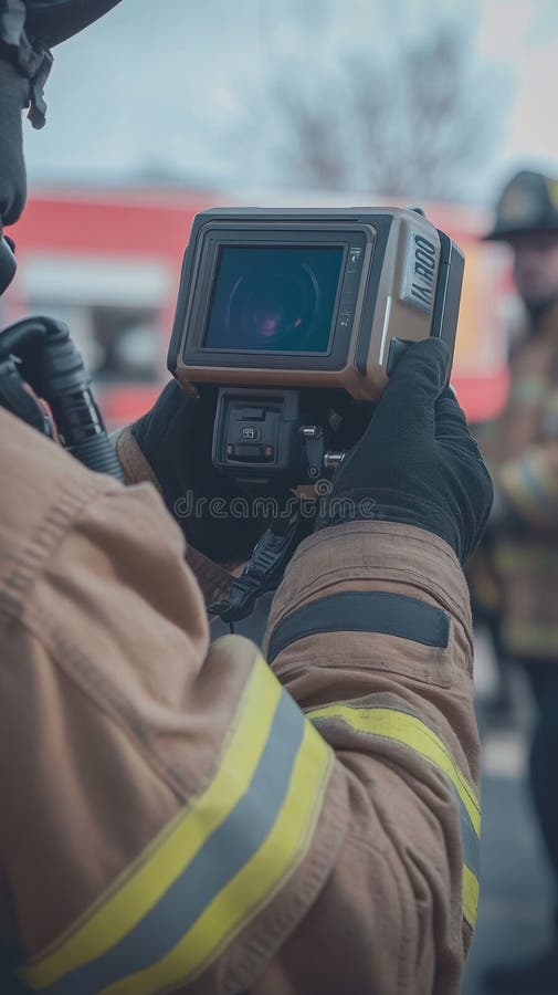 Firefighter Holding a Thermal Imaging Camera during a Fire Drill Stock ...