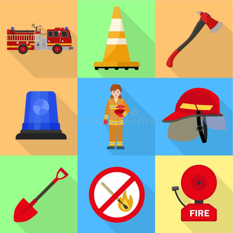 Firefighter Job Icon Set, Flat Style Stock Vector - Illustration of ...