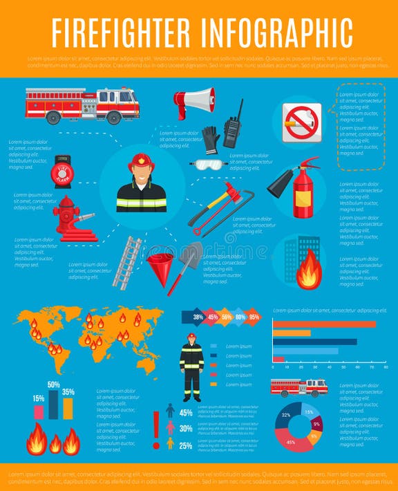 Firefighter Infographic with Fireman and Equipment Stock Vector ...