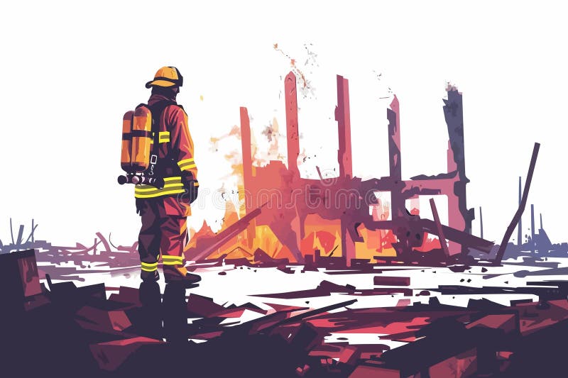 Firefighter Inspecting Burned Building Aftermath Isolated Stock Vector ...