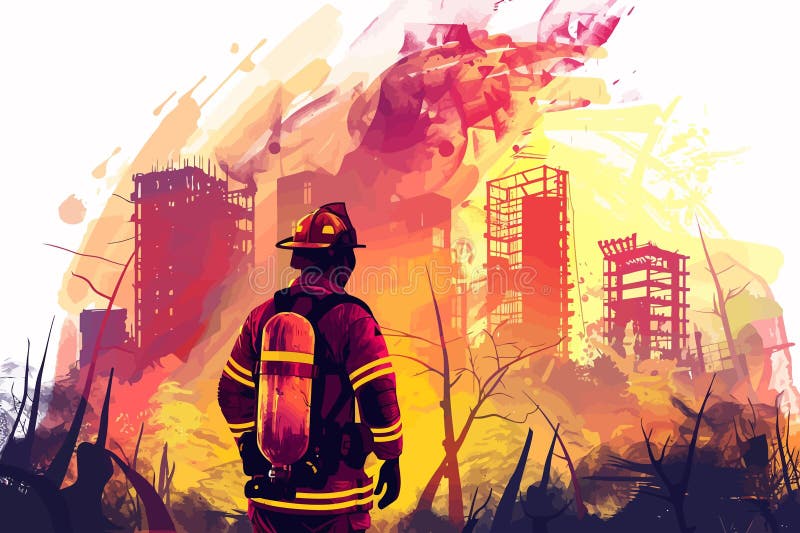 Firefighter Inspecting Burned Building Aftermath Isolated Stock Vector ...