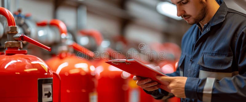Firefighter Inspecting Fire Extinguishers in Building Room for Safety ...