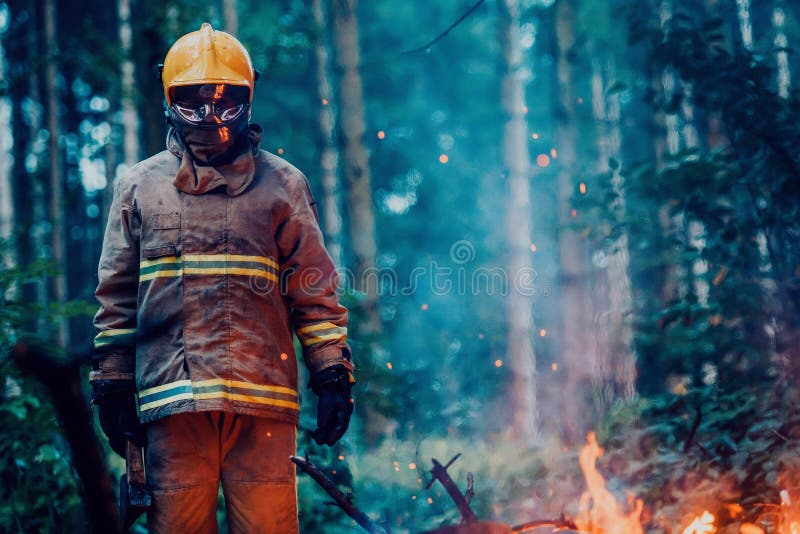 Firefighter at Job. Firefighter in Dangerous Forest Areas Surrounded by ...