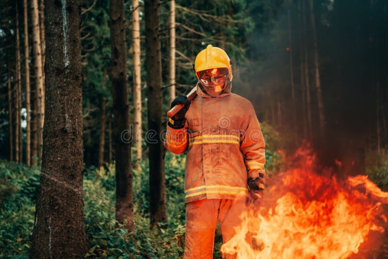 Firefighter at Job. Firefighter in Dangerous Forest Areas Surrounded by ...