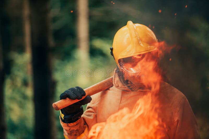 Firefighter at Job. Firefighter in Dangerous Forest Areas Surrounded by ...