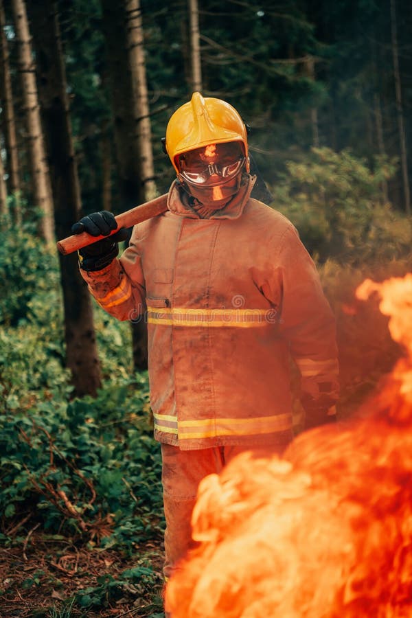Firefighter at Job. Firefighter in Dangerous Forest Areas Surrounded by ...