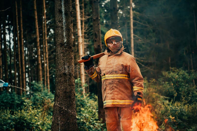 Firefighter at Job. Firefighter in Dangerous Forest Areas Surrounded by ...