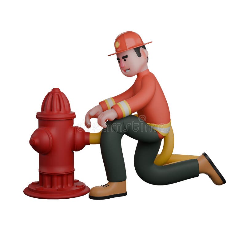 A Firefighter Kneeling Facing a Fire Hydrant Stock Photo - Illustration ...