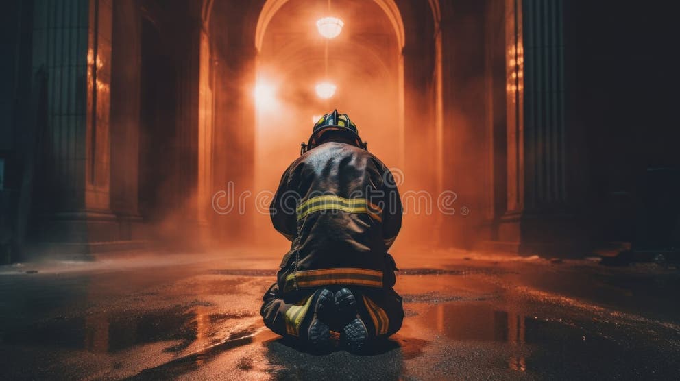 A Firefighter Kneeling in Front of a Fire Hydrant. Generative AI Image ...