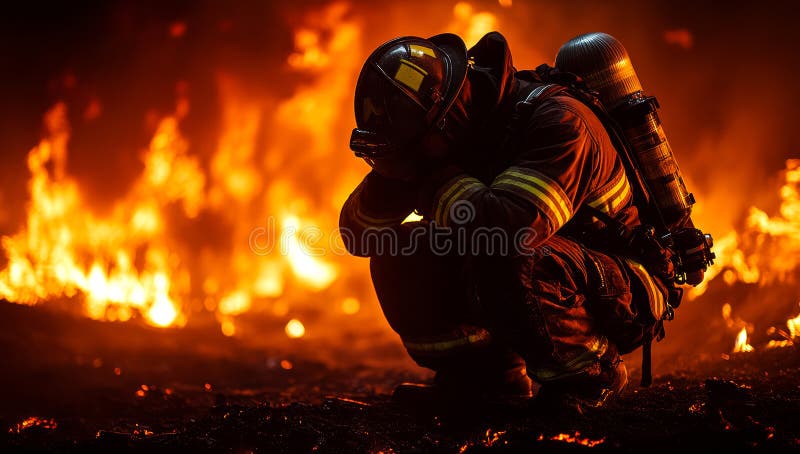 A Firefighter is Kneeling in the Middle of a Burning Building Stock ...