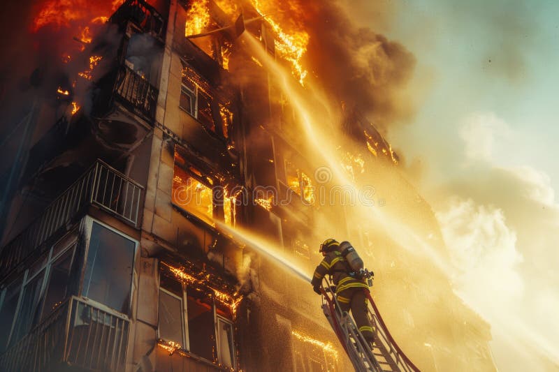 A Firefighter on a Ladder in Front of a Burning Building. Suitable for ...