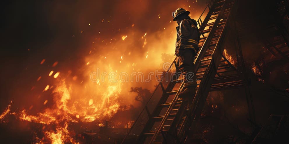 Firefighter on a Ladder Watching the Fire Destroy Everything in Its ...
