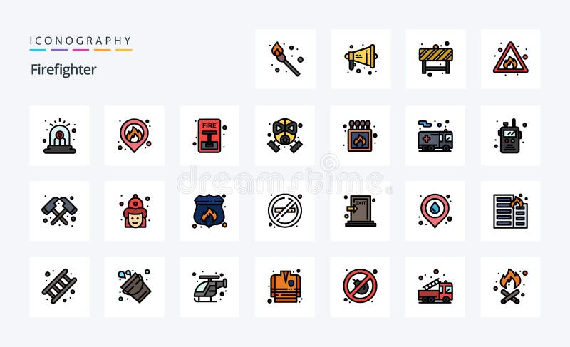 25 Firefighter Line Filled Style Icon Pack Stock Vector - Illustration ...