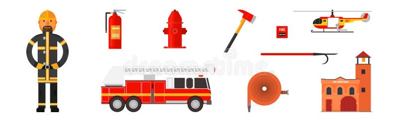 Firefighter Man Character and Emergency Equipment Vector Set Stock ...