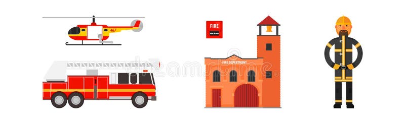 Firefighter Man Character and Emergency Equipment Vector Set Stock ...