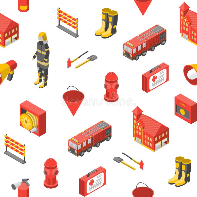 Firefighter Man and Equipment Seamless Pattern Background Isometric ...
