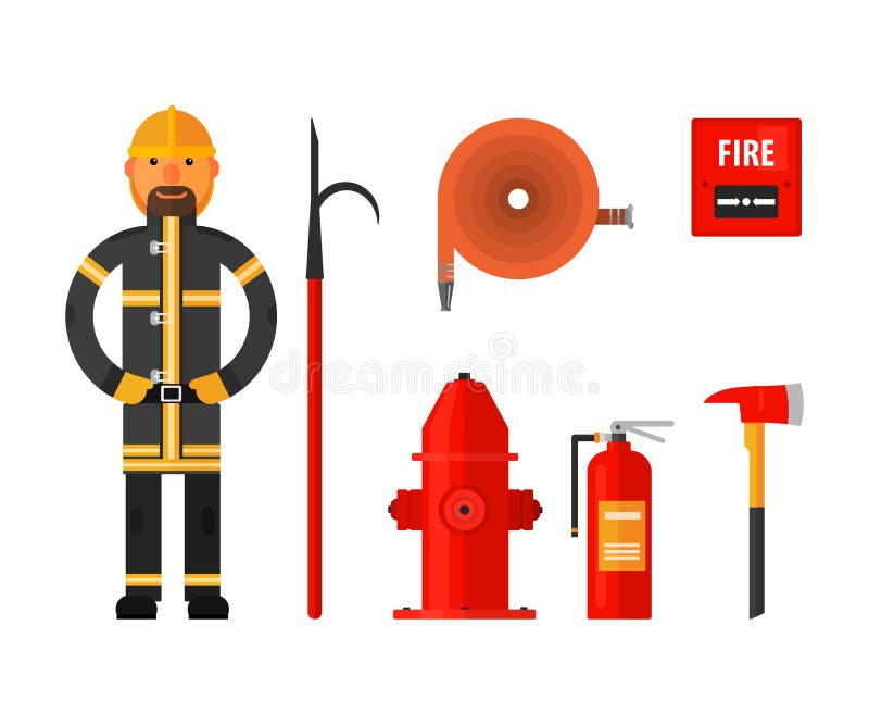 Firefighter Man in Uniform with Tools and Equipment Flat Vector Set ...