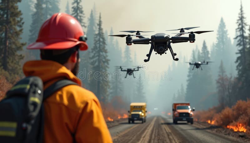 Firefighter Observes Drones Flying Over Wildfire Zone, Modern Tech in ...