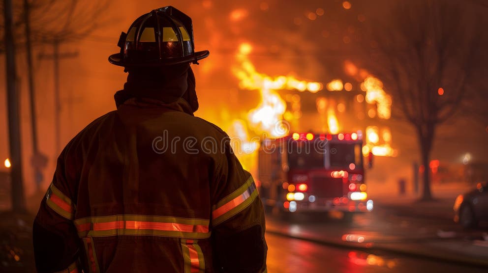 Firefighter Observing a Burning Building at Night. Stock Image - Image ...