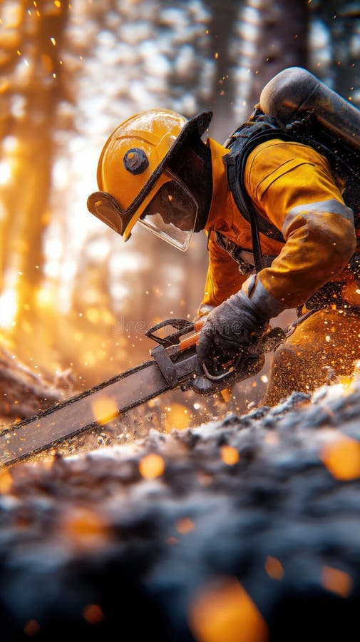Firefighter Operates Chainsaw To Remove Fallen Debris in Forest during ...