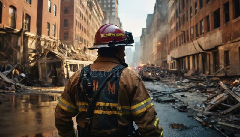 Firefighter Overlooking Disaster Zone Stock Image - Image of service ...
