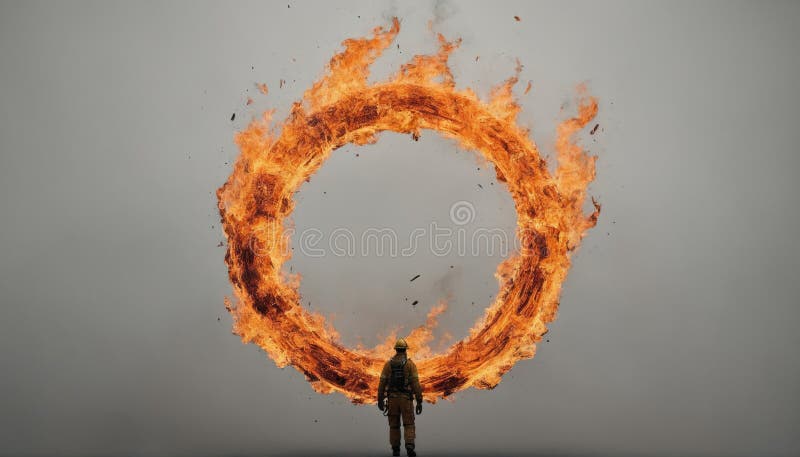 Firefighter Performing a Daring Stunt with a Ring of Flames in a ...