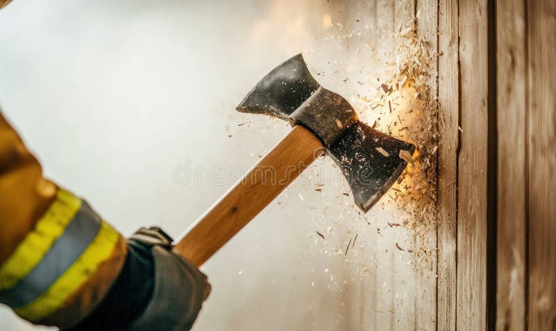 A Firefighter is Powerfully Breaking through a Wooden Wall with an Axe ...