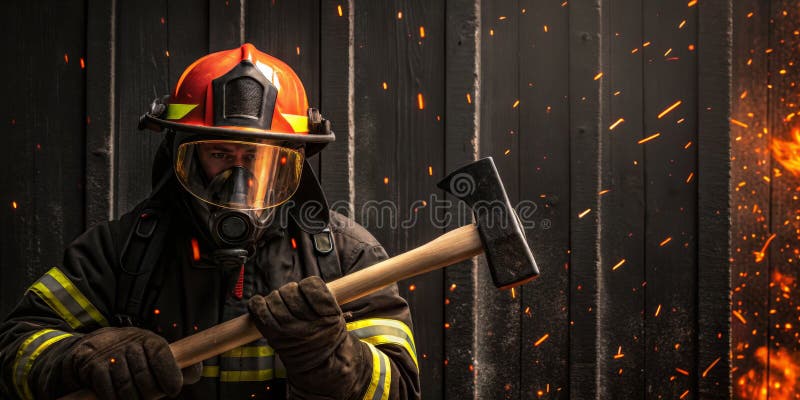 Firefighter Prepares for Action with Axe Amidst Sparks and Flames in a ...