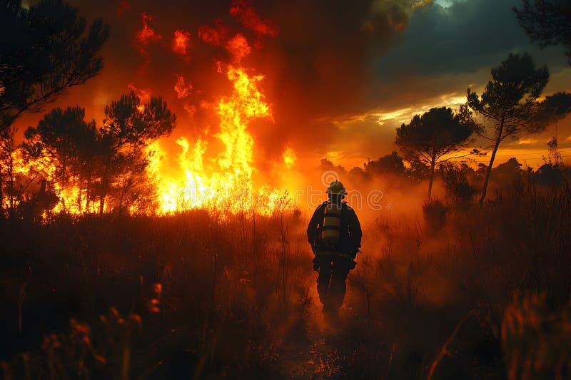 Firefighter Battling Intense Forest Fire at Sunset - Emergency Response ...