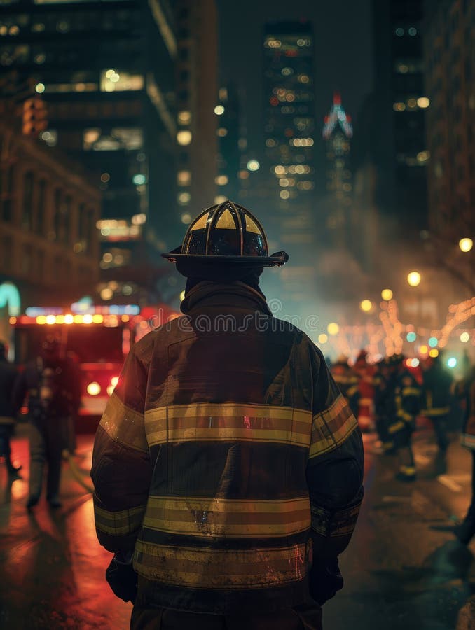 Firefighter Protective Gear Facing Emergency Scene Night Stock Photos ...