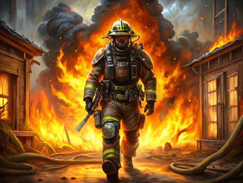 Firefighter in Protective Gear Walking through Flames Stock Vector ...