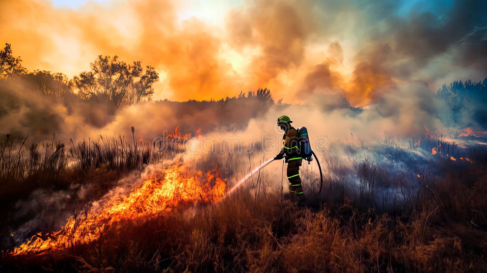 A Firefighter Puts Out a Big Fire Stock Image - Image of season ...