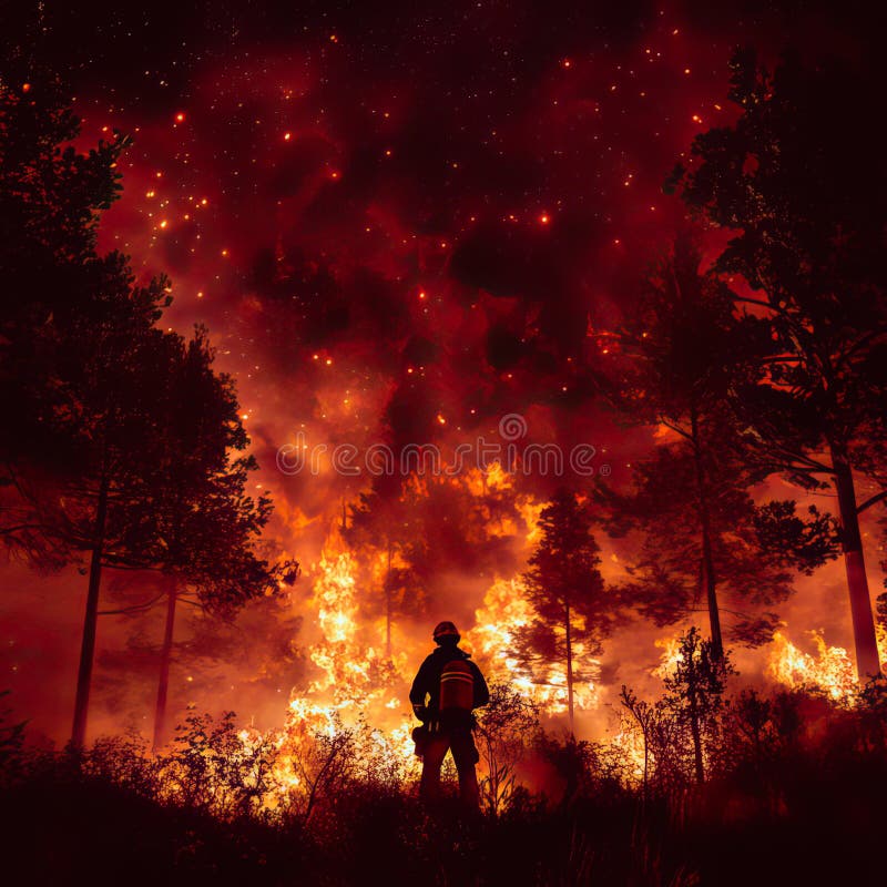 A Firefighter Puts Out a Fire in a Burning Forest Stock Image - Image ...