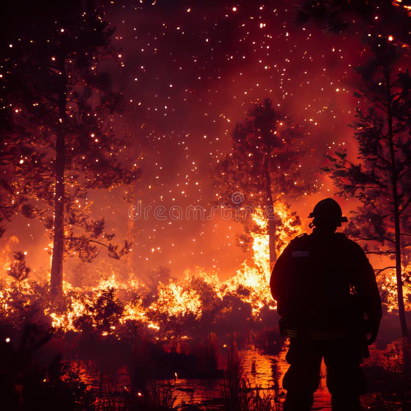 A Firefighter Puts Out a Fire in a Burning Forest Stock Photo - Image ...
