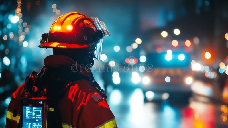 Firefighter in Red Uniform at Night Emergency Scene Stock Illustration ...
