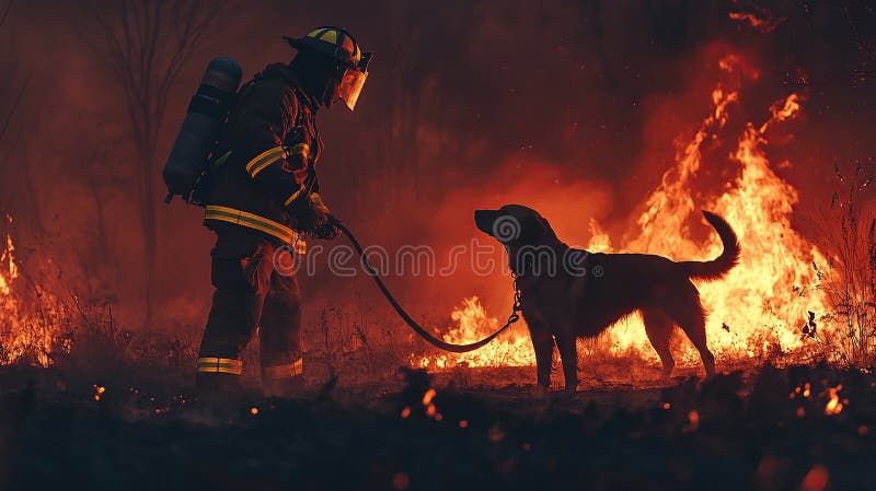 Firefighter and Rescue Dog Bravely Face Intense Wildfire Stock ...