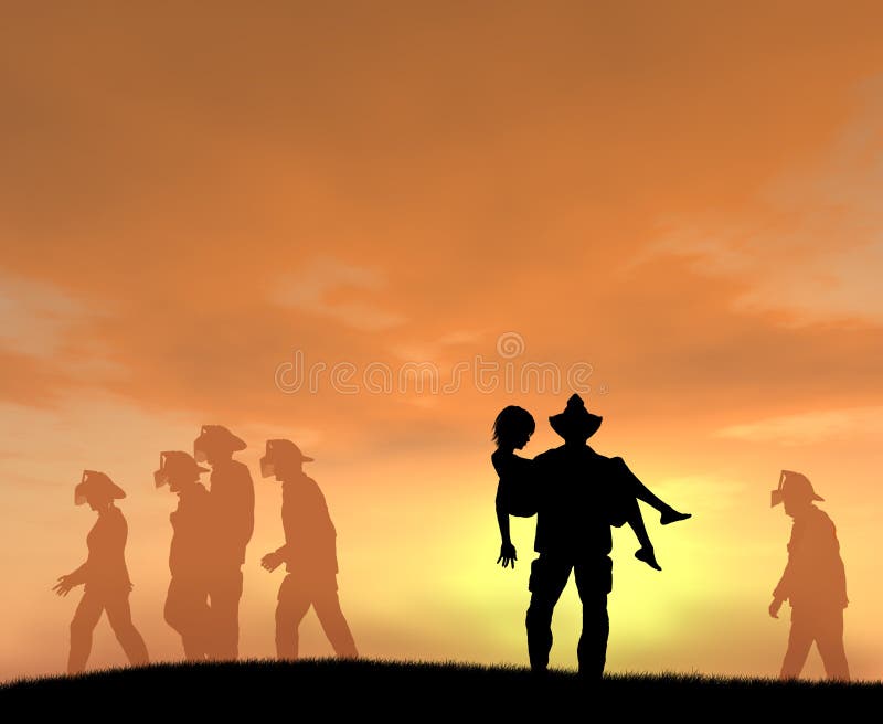 Firefighter Rescues Woman at Sunset Stock Illustration - Illustration ...